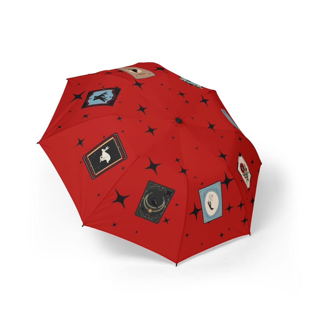 Red Celestial Foldable Umbrella With Poppy, Cat and Hand Designs - Etsy