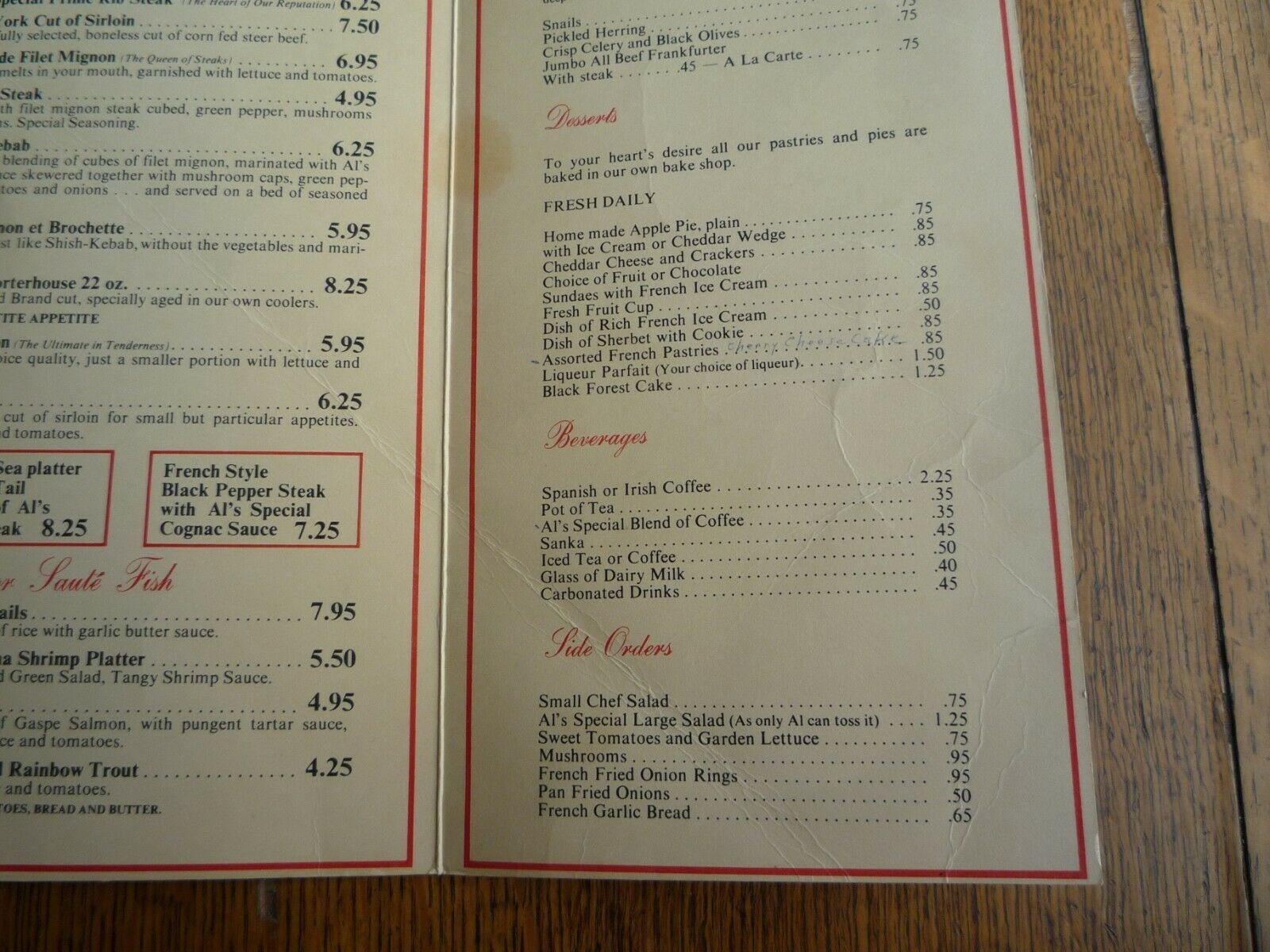 Collectibles Vintage Restaurant Menu Al's Steakhouse 1970s Ottawa ...