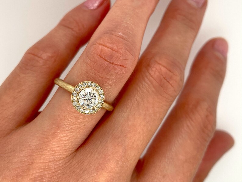 14k Yellow Gold Halo Diamond Ring, Halo Diamond Engagement Ring, 1.01 ...
