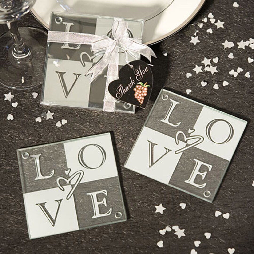 Set of 2 Stacked Love With Heart Design Glass Coasters Love Design ...