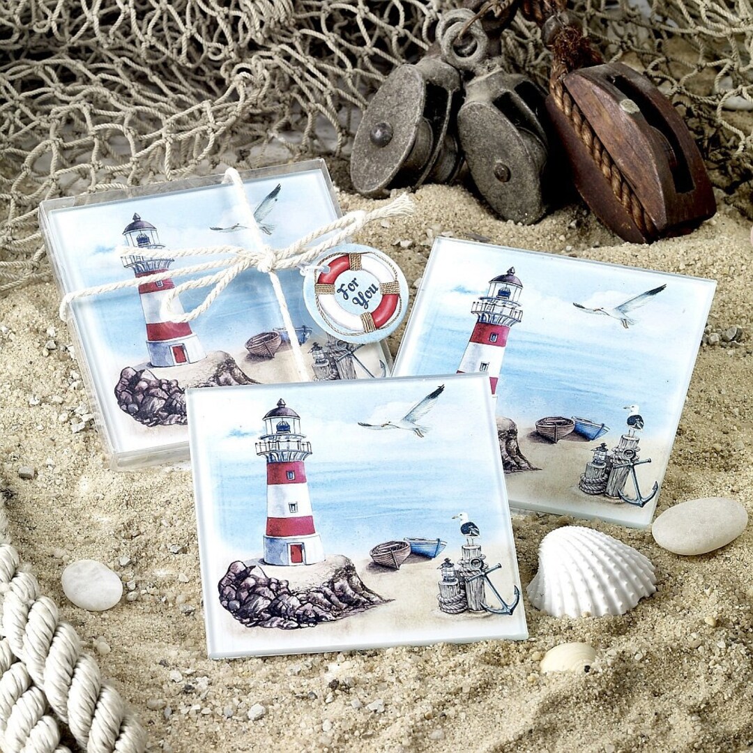 Set of 2 Nautical-theme Lighthouse Scene Glass Coasters - Etsy