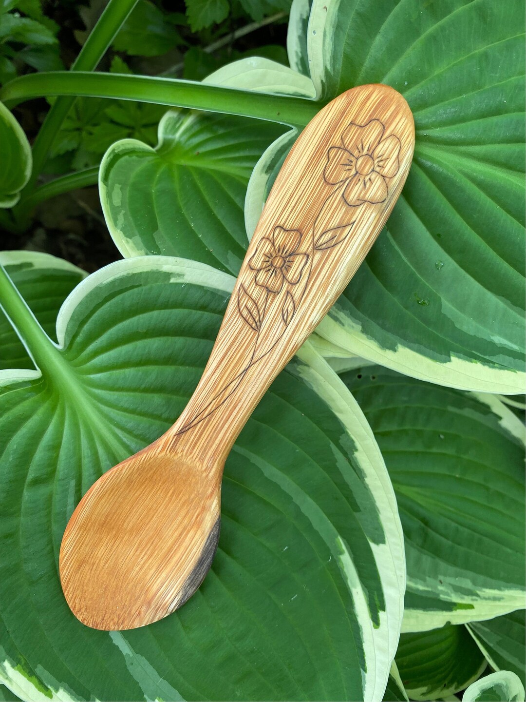 Buckthorn Wood Eating Spoon With Flower Decoration | Hand Carved Wooden ...