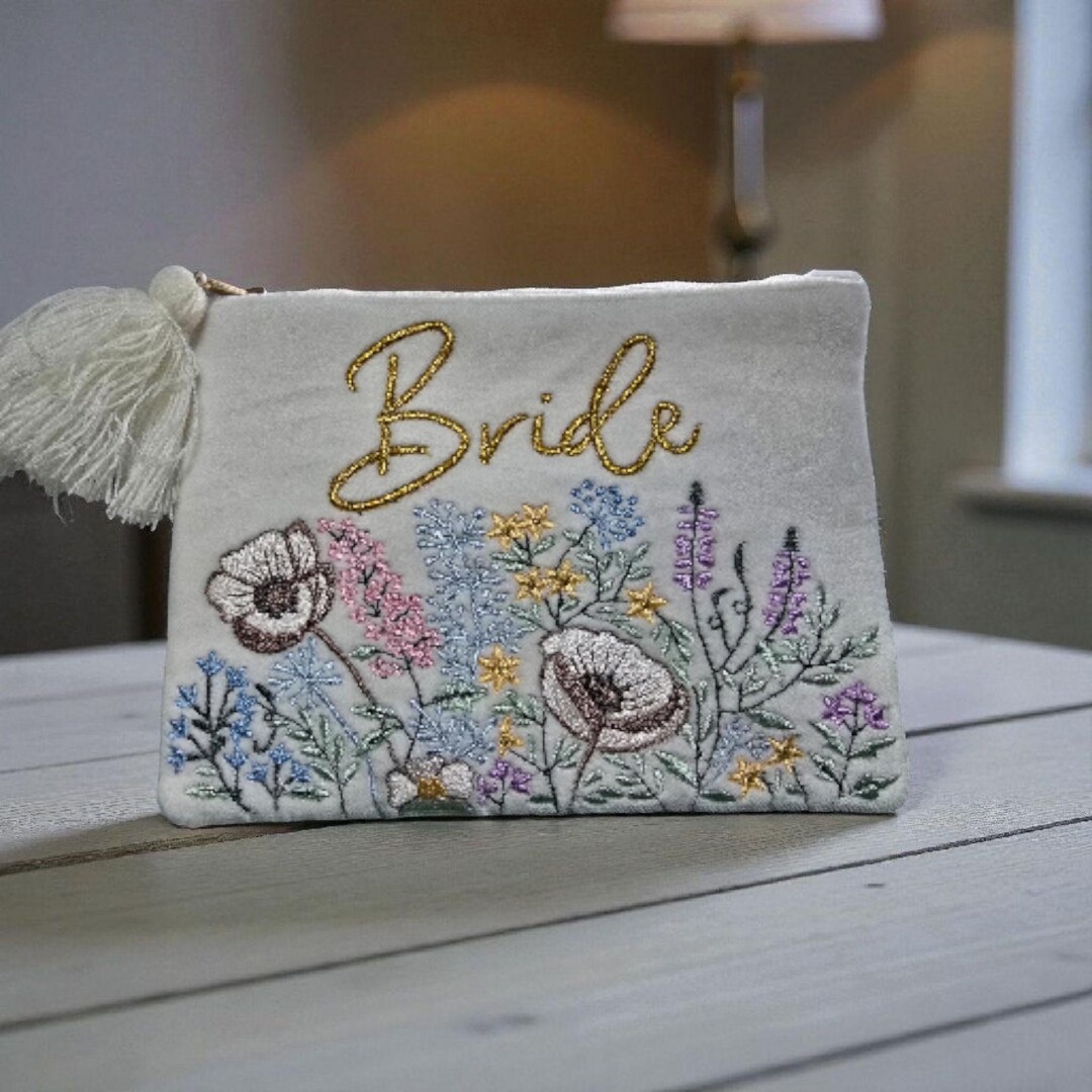 Bride Embroidered Velvet Pouch, Ivory, Gold Thread Embellishment, Lined ...