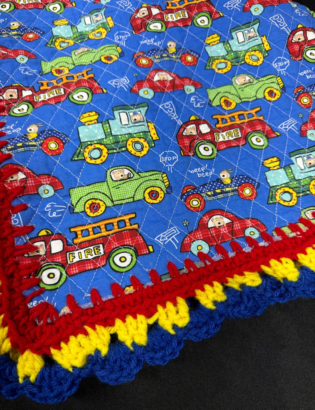 Quilted Baby Blanket W/crochet Edge Trains Fire Engine Cars Boats - Etsy