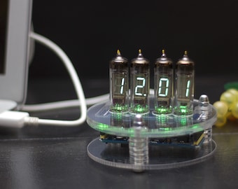 VFD Clock on IV-27 Vacuum Fluorescent Tube. Natural Solid Oak Case. USB ...
