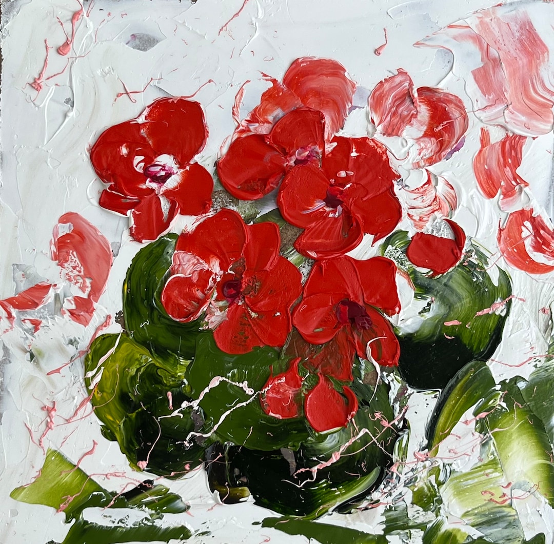 Geranium Painting Floral Original Art Flowers Oil Impasto Artwork Small ...