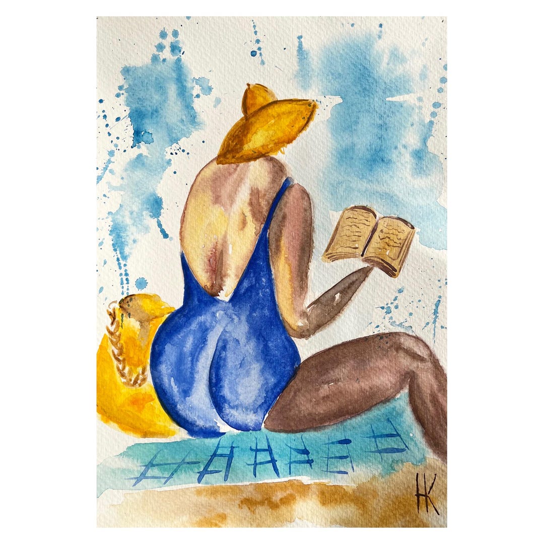 Beach Painting Woman Original Art Reading Book Watercolor Small People ...