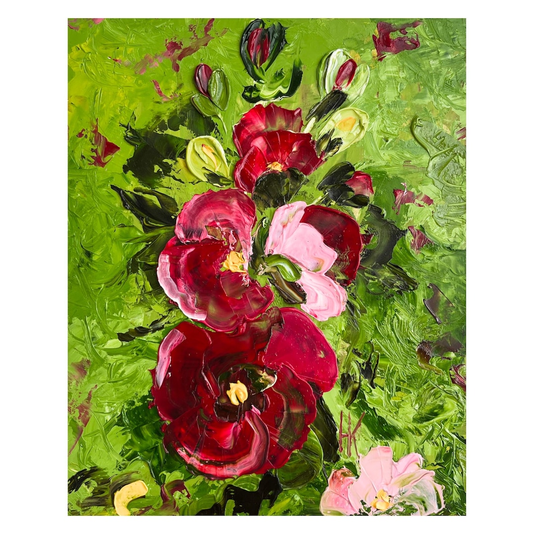Mallow Painting Hollyhock Original Art Floral Oil Impasto Artwork ...