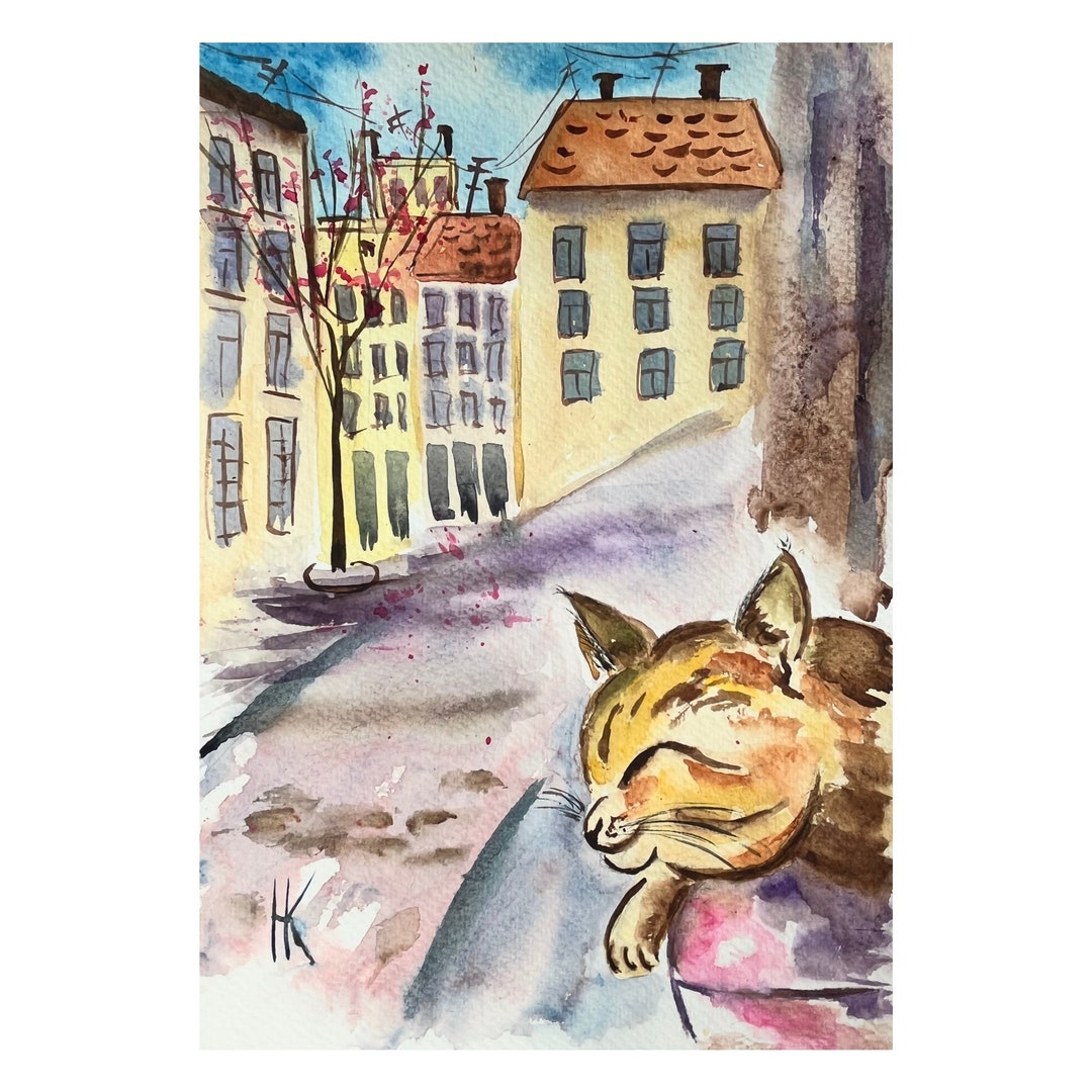 Cat Painting Lviv Original Art Cityscape Watercolor Pet Artwork ...