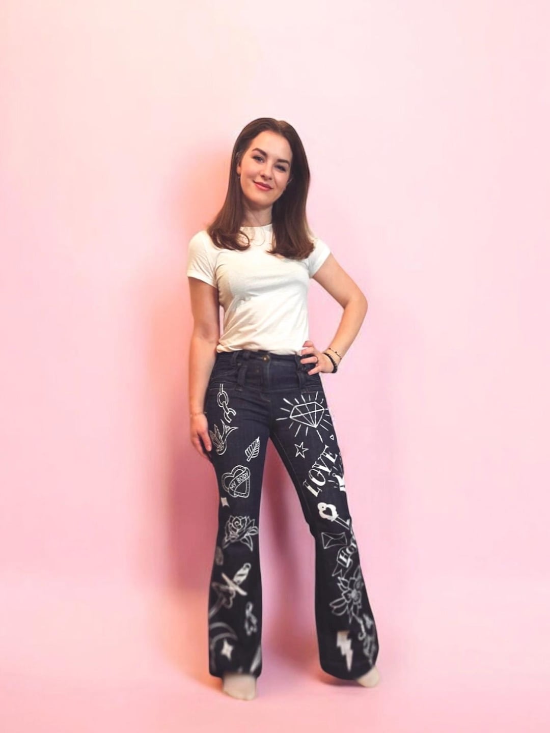 Tattoo Style Hand Painted Jeans, Indie Boho Flared Customized Jeans ...