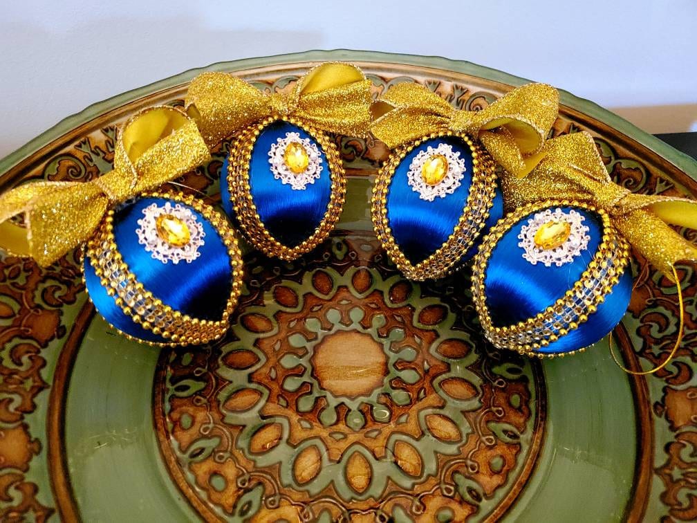 Limited Edition Set of Four Boxed Blue and Gold Handcrafted Christmas ...