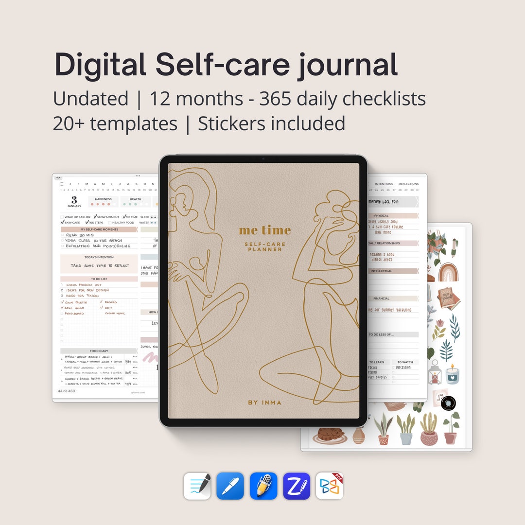 Self Care Journal Digital, Self Care Stickers, Daily Check in Journal ...
