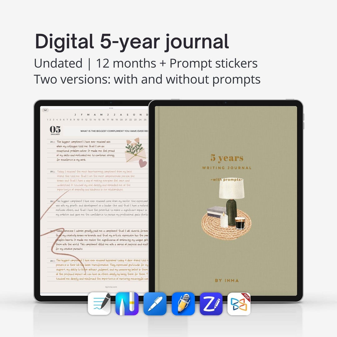 Diário digital de 5 anos, diário Goodnotes com lembretes, diário de ...