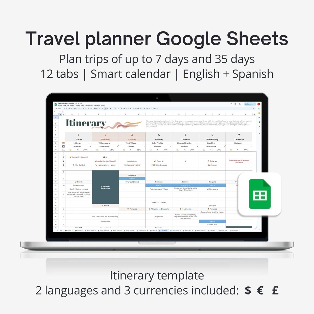 Travel Planner Google Sheets Template, Aesthetic Travel Itinerary ...