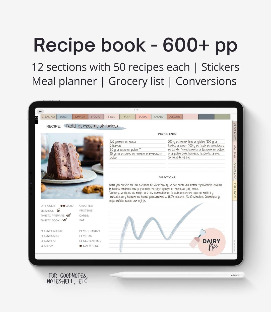 Digital Recipe Journal: 600 Recipes, Meal Planner, Stickers (goodnotes ...