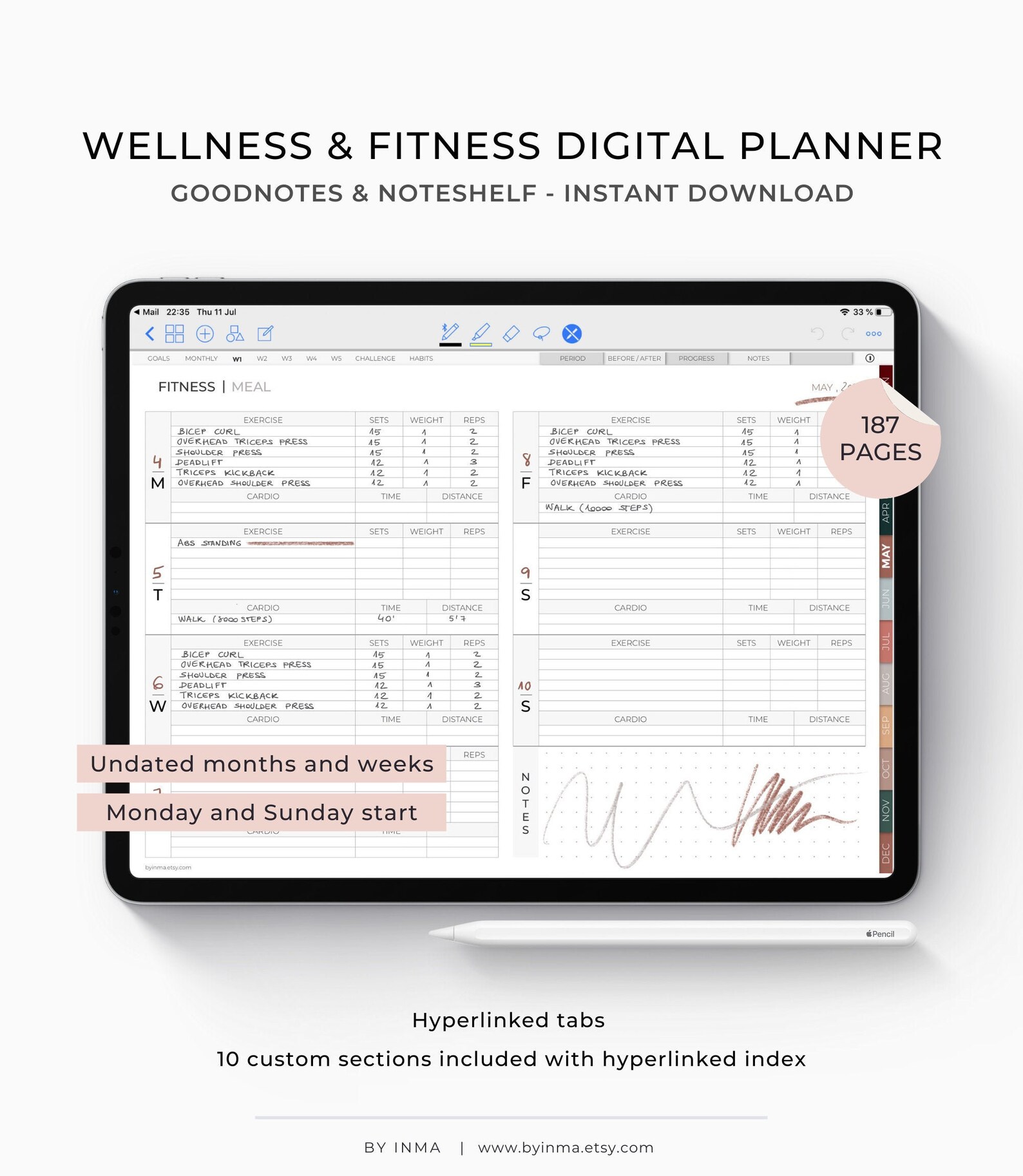 Digital Fitness Planner Goodnotes Wellness Planner Undated | Etsy