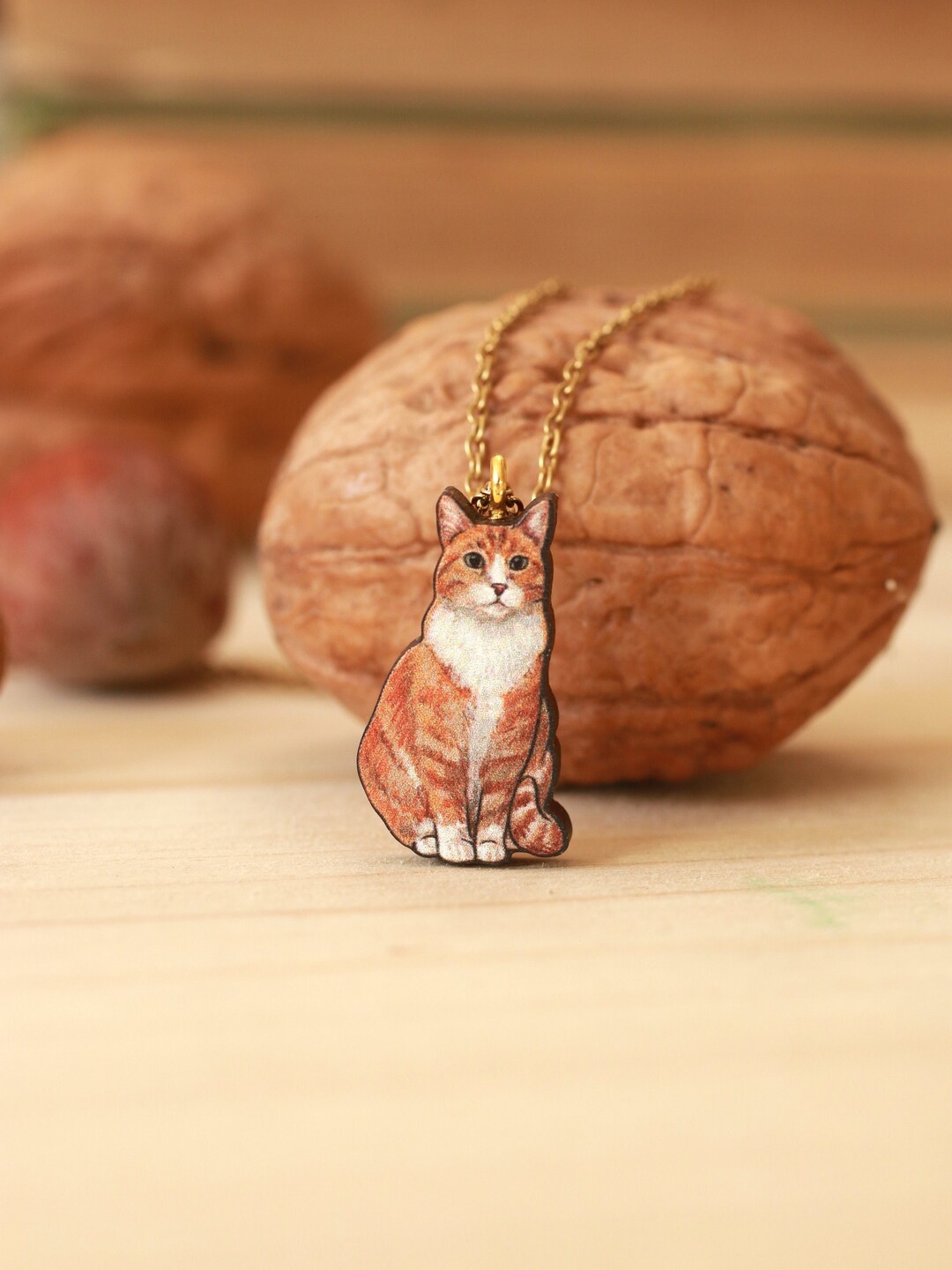 Tabby Cat Necklace - Orange Tabby Cat Pendant Ginger Cat Charm Wooden ...