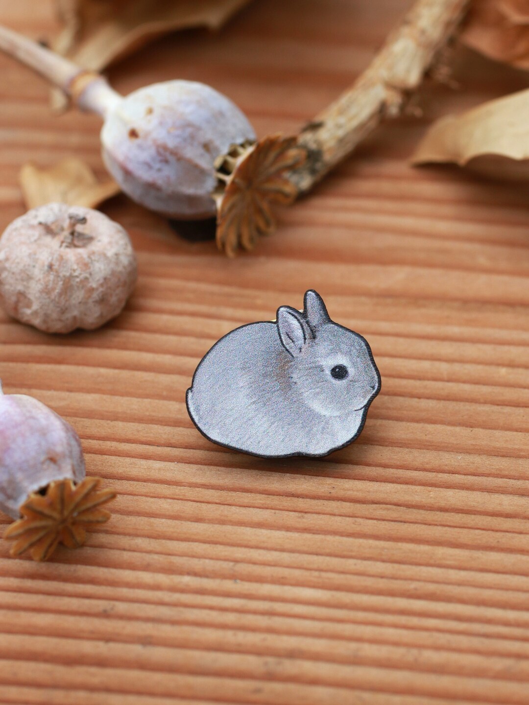 Gray Rabbit Pin Gray Rabbit Brooch Grey Bunny Pin Badge Wooden Bunny ...