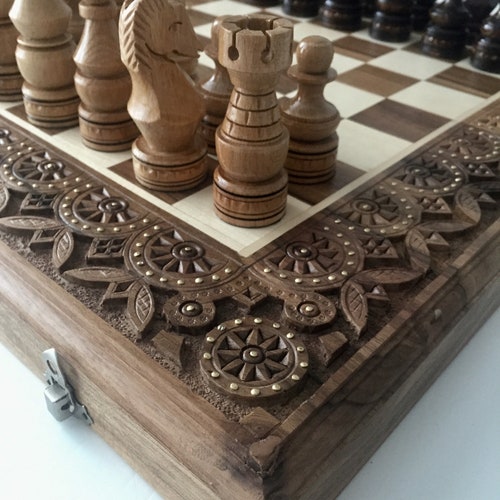 Hand Carved Decorative Chess Large Wood Chess Set 3 in 1 Сhess - Etsy