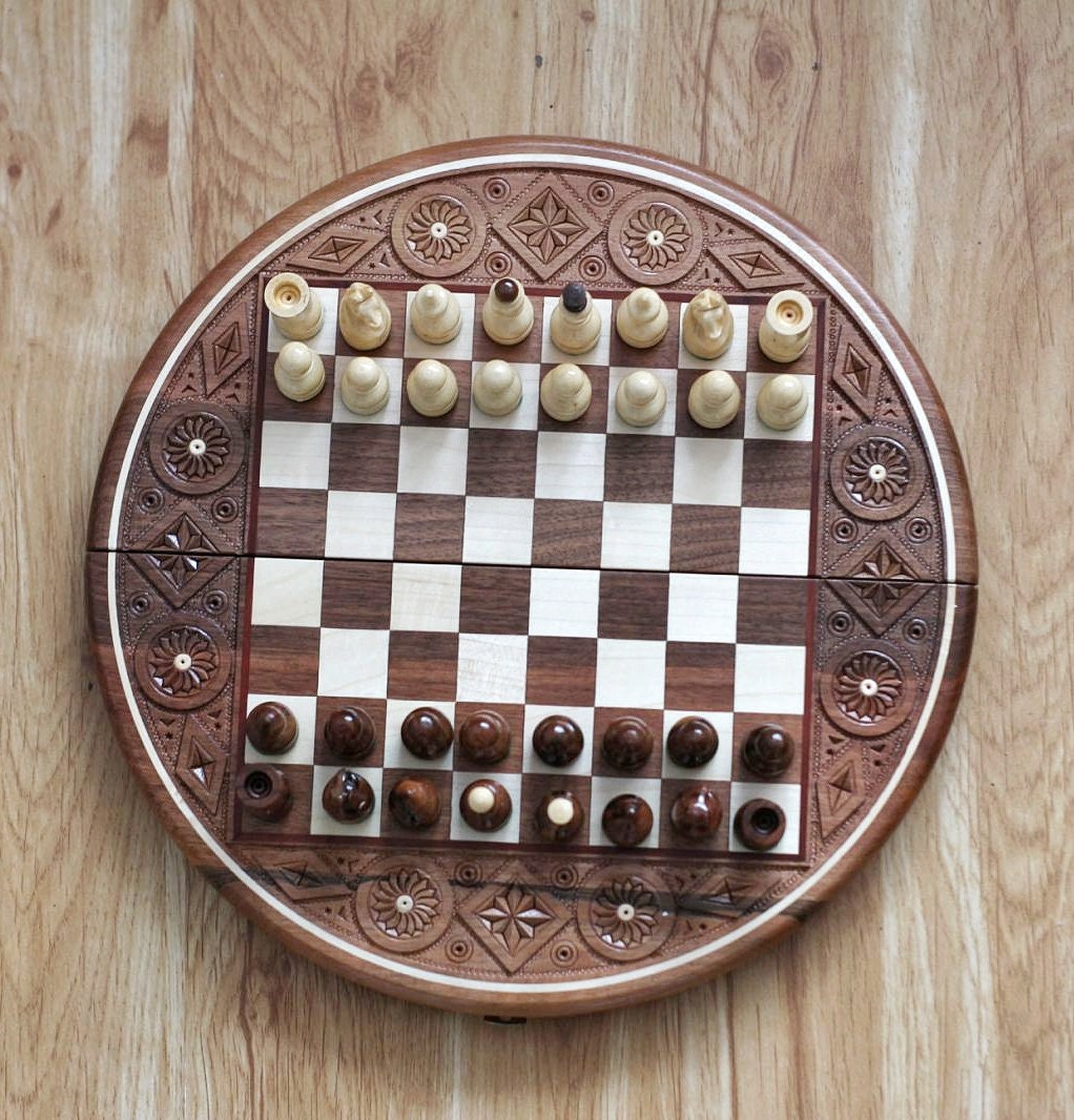 Round Chess Set With Board Wooden Chess Table With Storage - Etsy UK