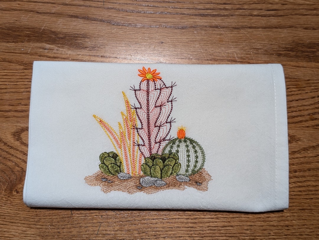 Arizona Desert Cactus Kitchen Tea Towel Machine Embroidered Flour Sack ...