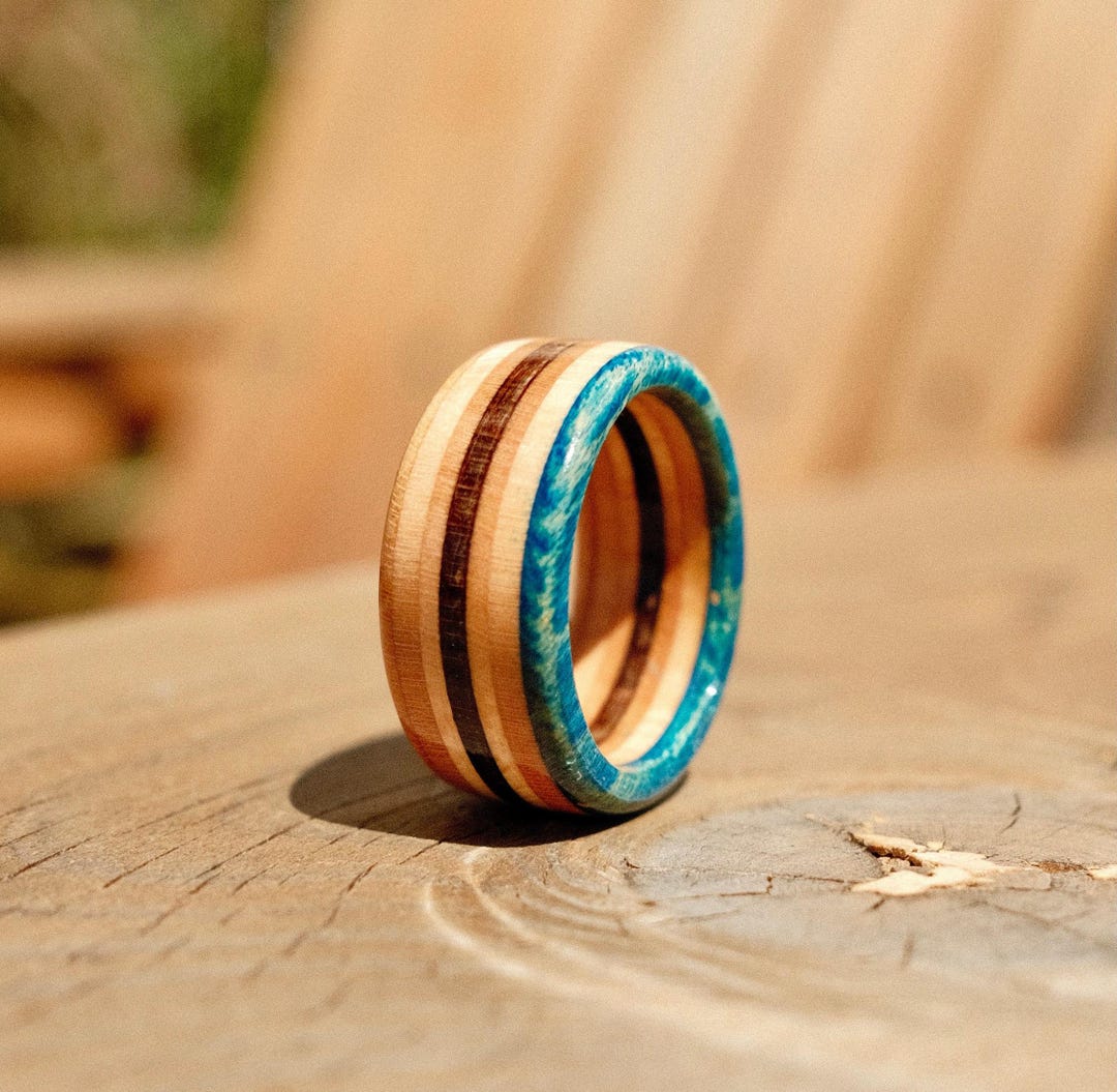 Recycled Skateboard Ring – Blue & Brown Wooden Band, Handmade Eco ...