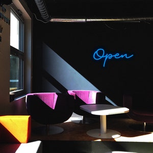 Ice Blue OPEN Sign for Business Modern Script Neon Font on Black ...
