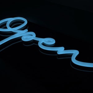 Ice Blue OPEN Sign for Business Modern Script Neon Font on Black ...