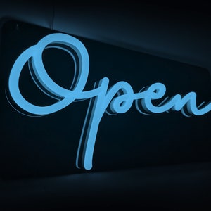 Ice Blue OPEN Sign for Business Modern Script Neon Font on Black ...