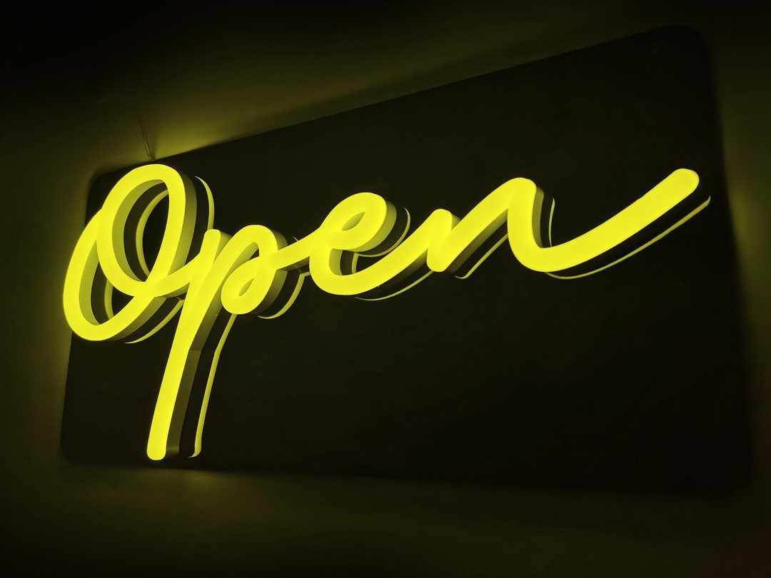Yellow Neon OPEN Sign for Business LED Open Light Sign on Black Backing ...