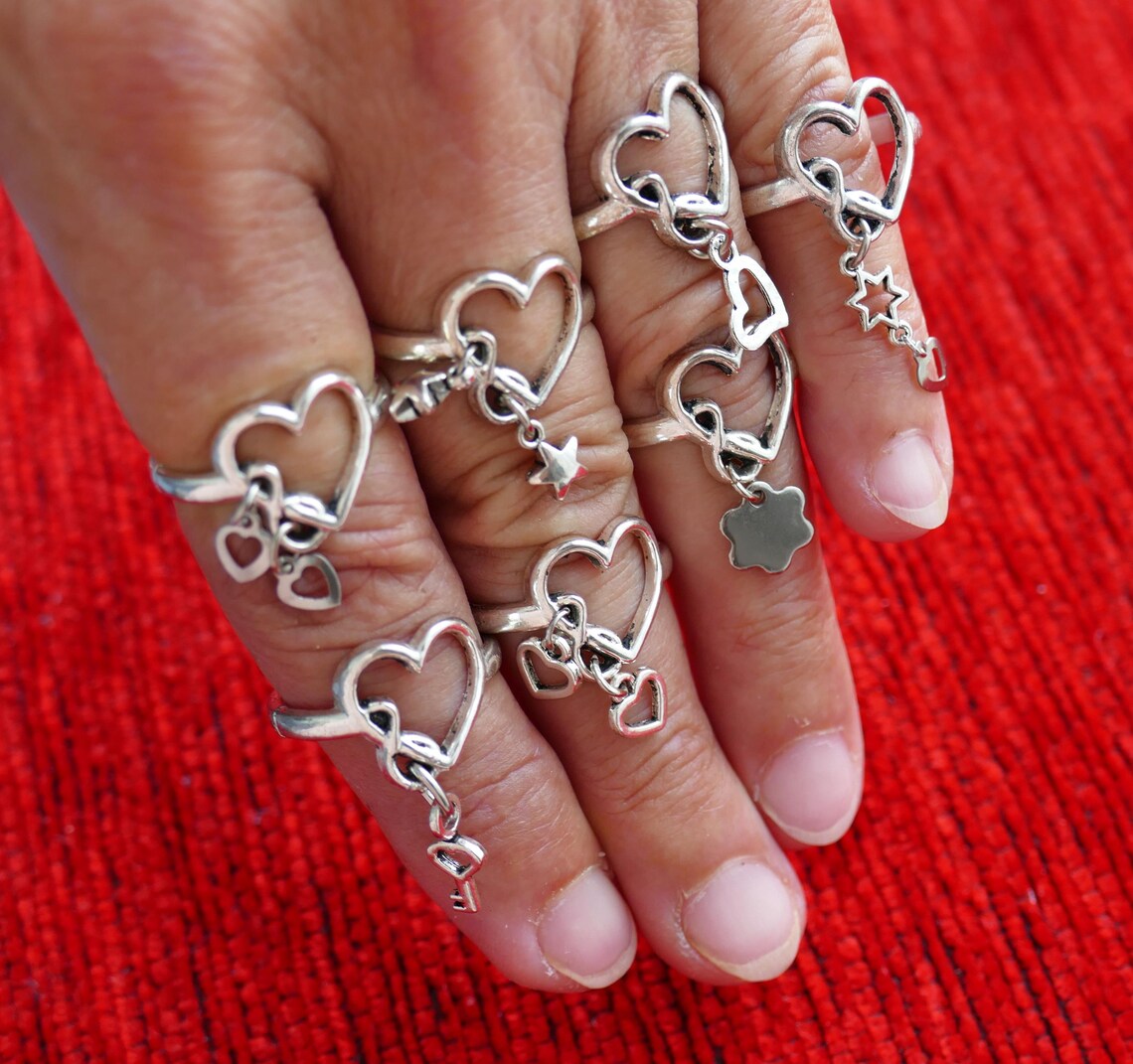 Charm Dangle Open Heart 7 Styles Rings, Antique Silver Tone J125 - Etsy