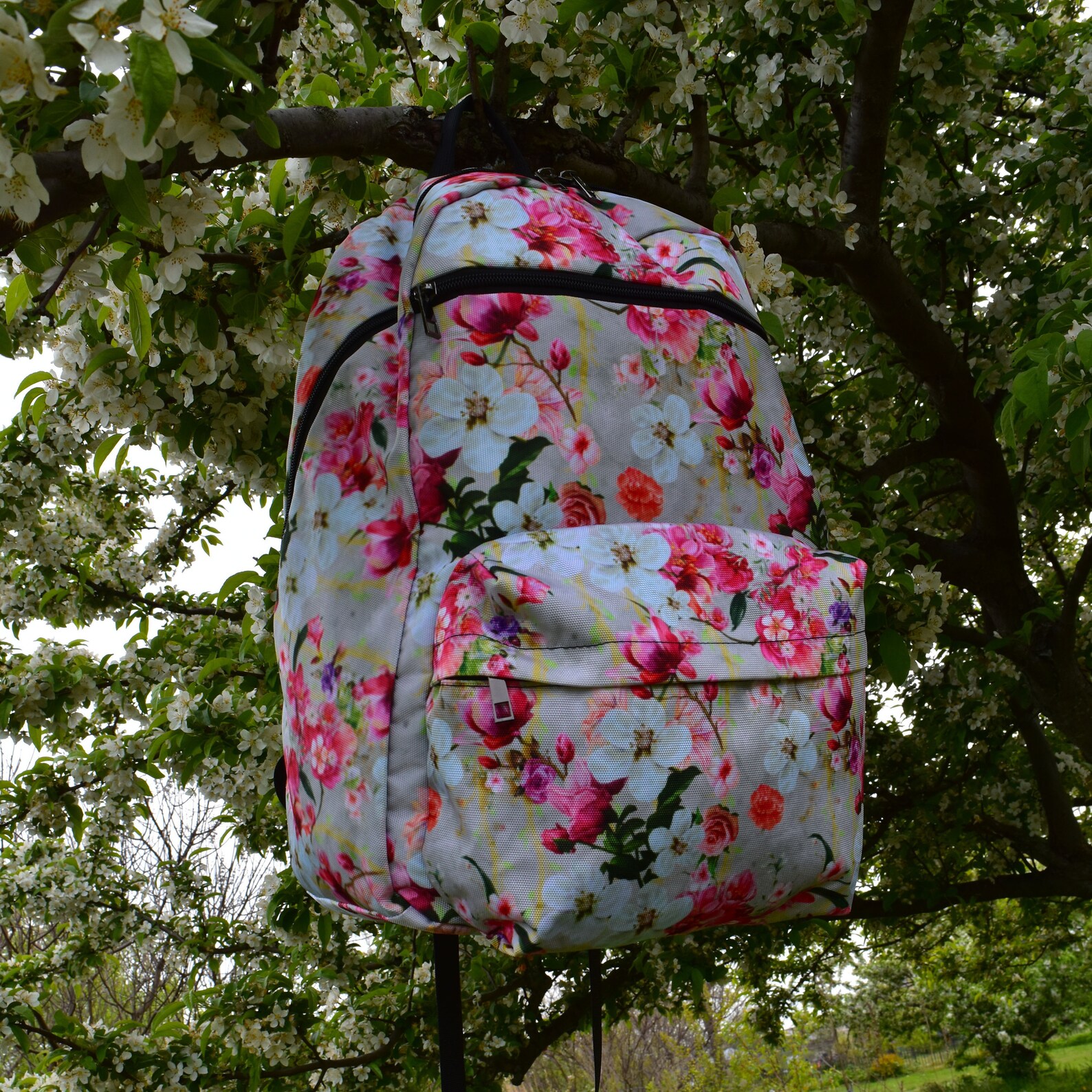 Pink Cherry Blossom Print Backpack: Floral Rucksack, Feminine Backpack ...