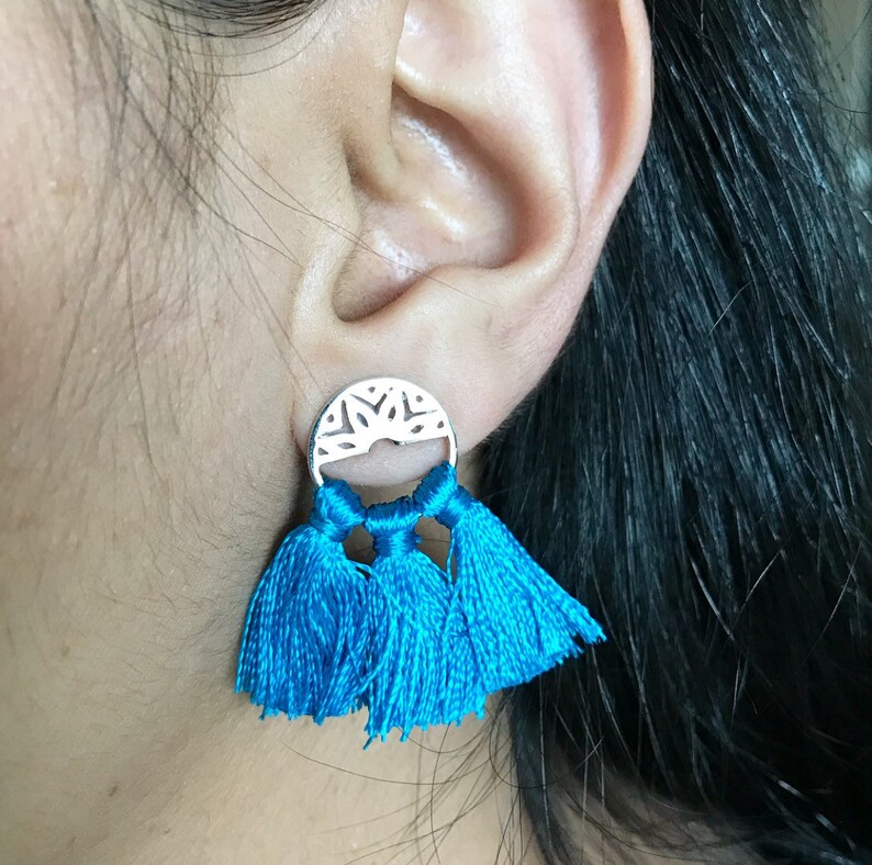 Blue Tassel Fan shape Earrings Fringe Earrings Blue boho | Etsy