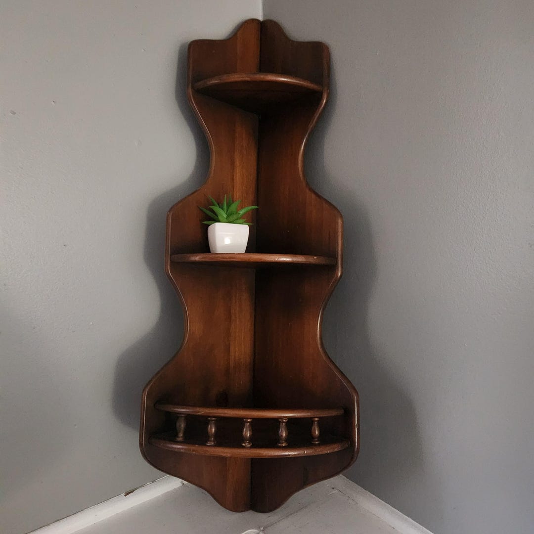 Vintage Wood Three Tier Corner Shelf With Rail Large Size Excellent ...