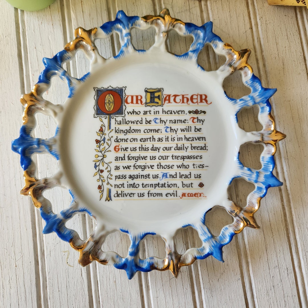 Vintage Our Father Prayer Decorative Plate - Pretty Blue, White and ...