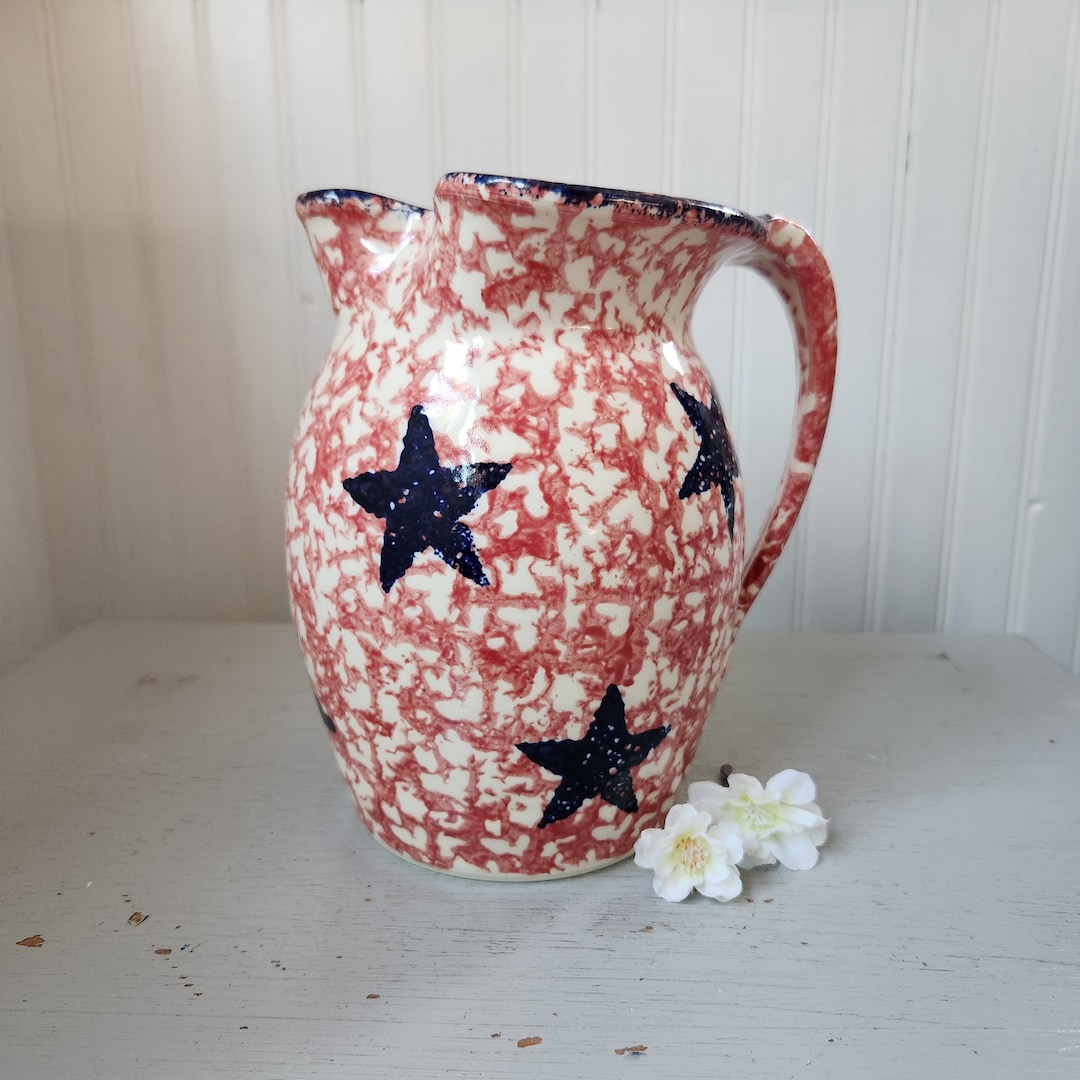 Three Rivers Pottery Pitcher 1997 Red Spongeware With Blue - Etsy
