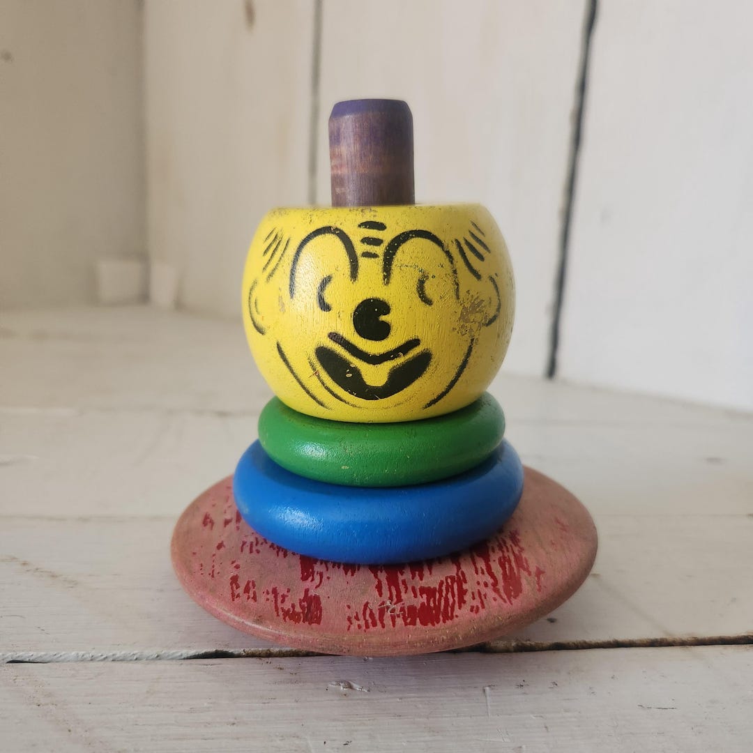 Vintage Wooden Stacking Toy - Clown Face and Green and Blue Circular ...