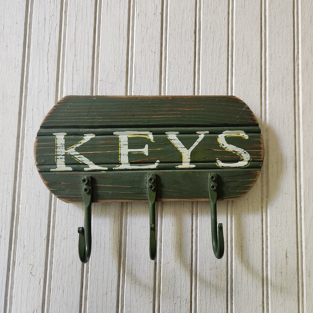 Vintage Wood Wall KEYS Shelf With Three Hooks -painted Green - Perfect ...