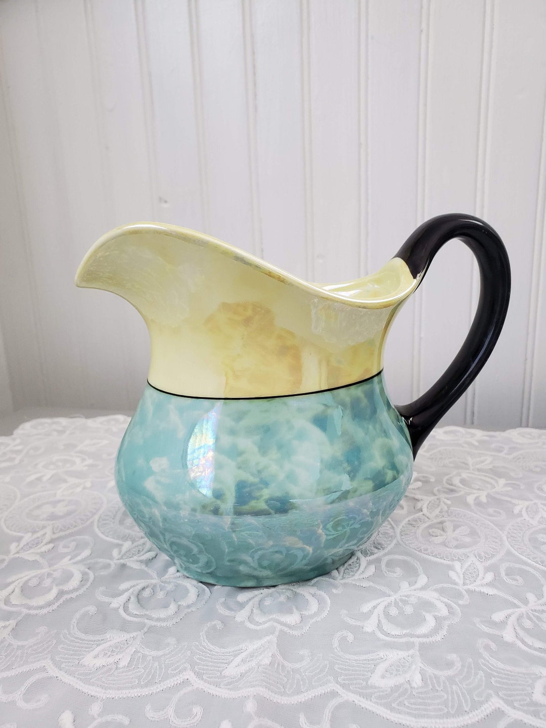 Vintage Pale Blue and Yellow Lusterware Pitcher With Black Handle ...