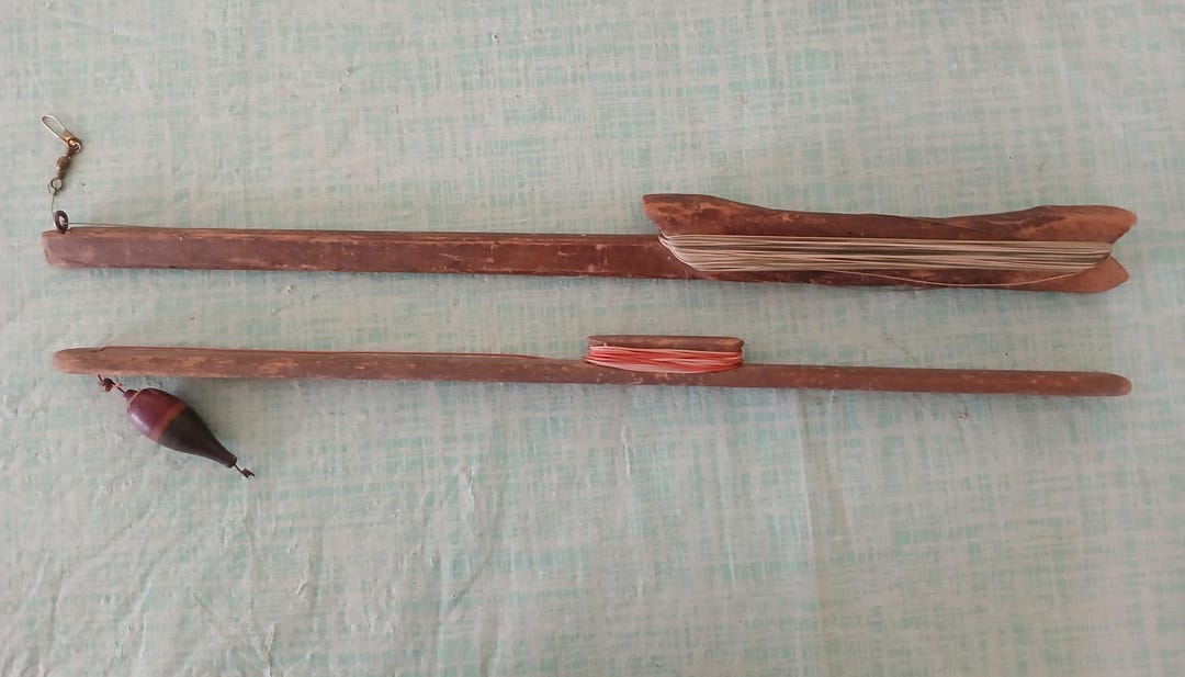 Two Antique, Handcrafted, Primitive Ice Fishing Jig Sticks. Wood ...