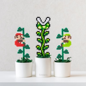 Super Mario Pixel Plant in Concrete Pot Potted Plant Perler Mario Gamer ...