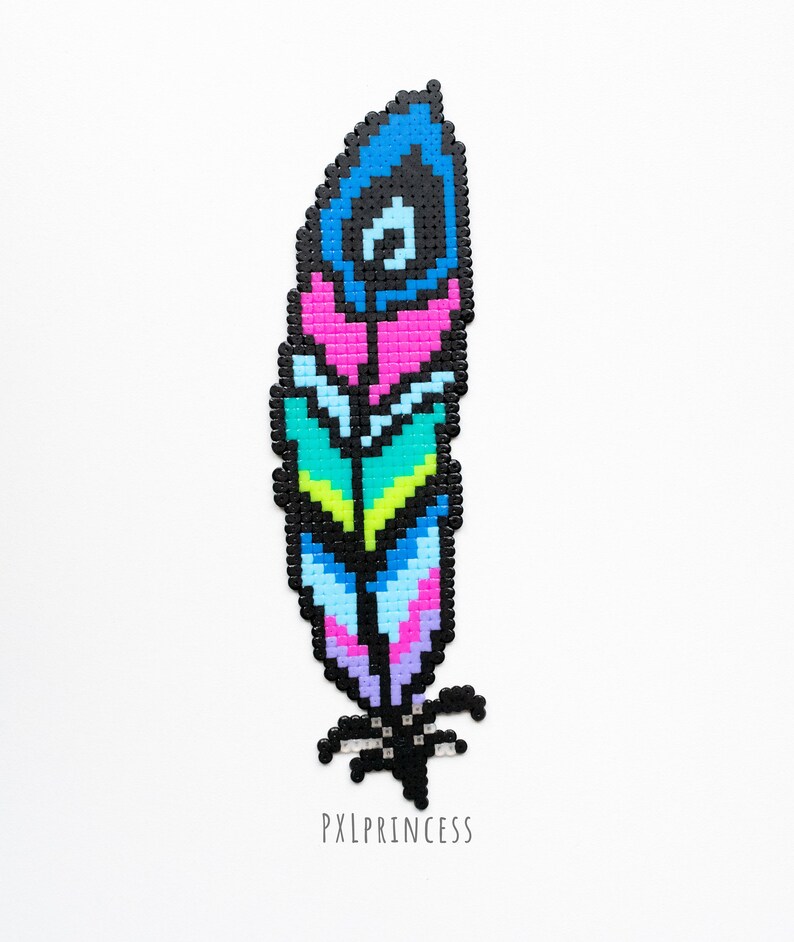 Peacock Feather Bookmark pixel art Feather Hama Perler beads | Etsy