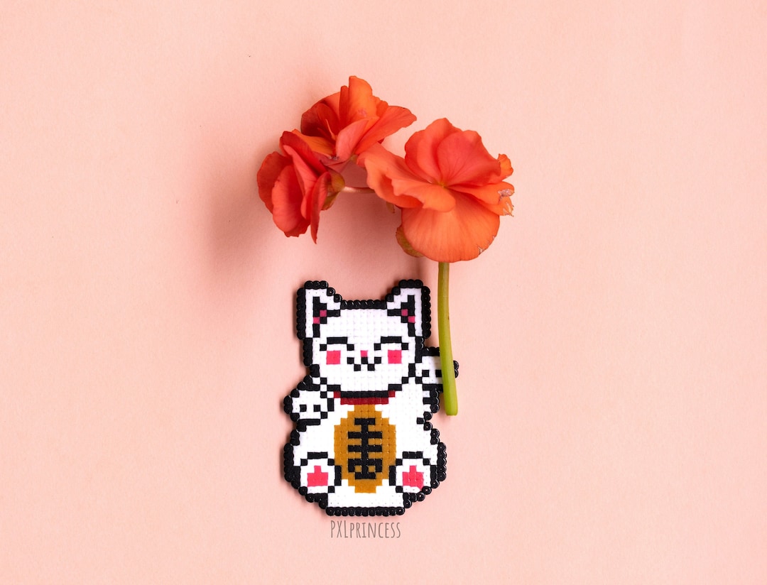 Lucky Cat Pixel Art - Japanese Good Luck Maneki Neko Kawaii Magnet ...