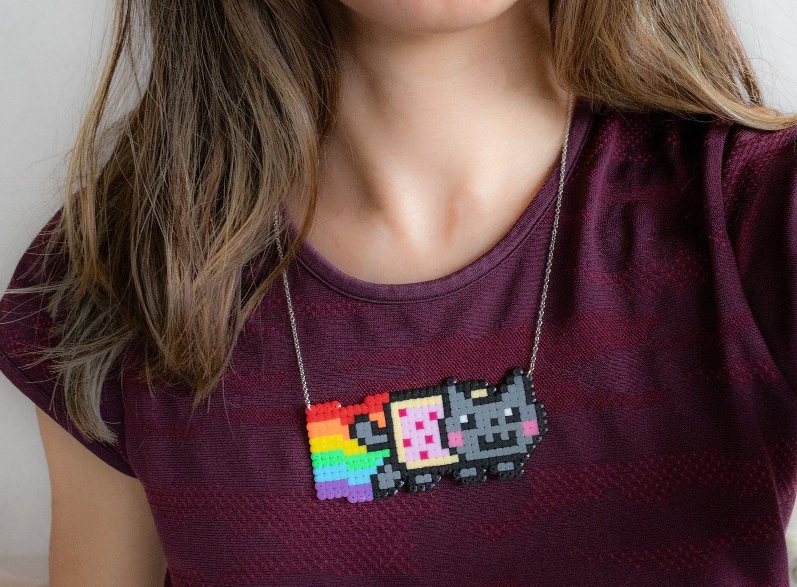 Cute Necklace Pixel Art Rainbow Hama Perler Beads Nyan Cat 8 Bit Pixel ...