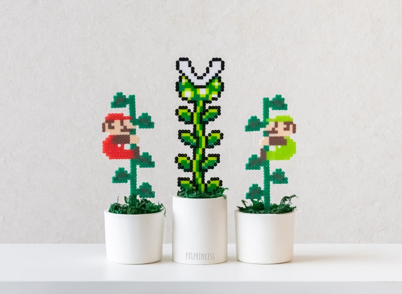 Super Mario Pixel Plant in Concrete Pot Potted Plant Perler Mario Gamer ...