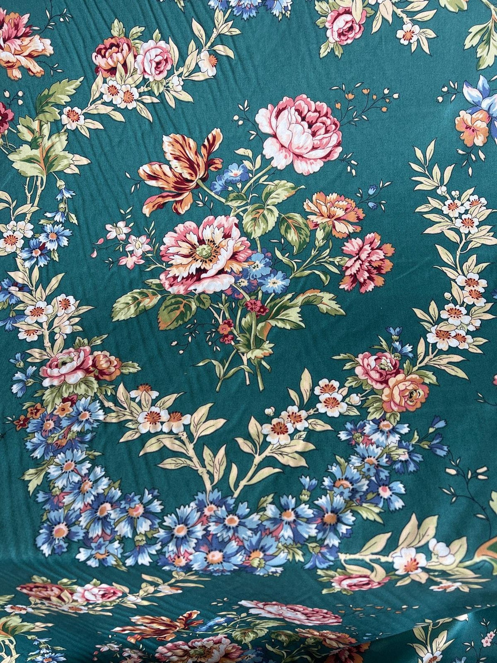Vintage Jay Yang Fabric Green Pink Floral Garland Twill Upholstery ...