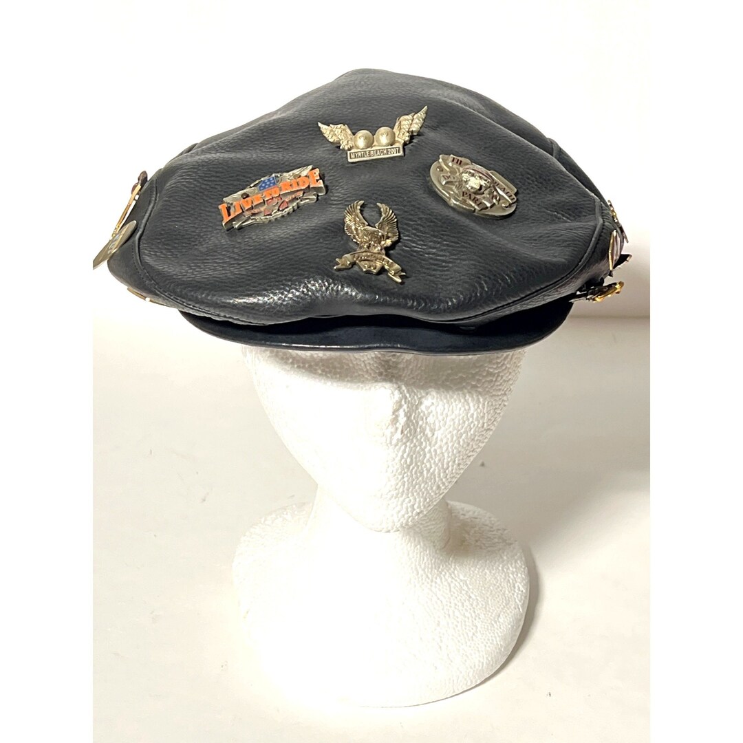 Harley Davidson Leather Cap With Pinback Pins Newsboy 2large 26 Pins ...