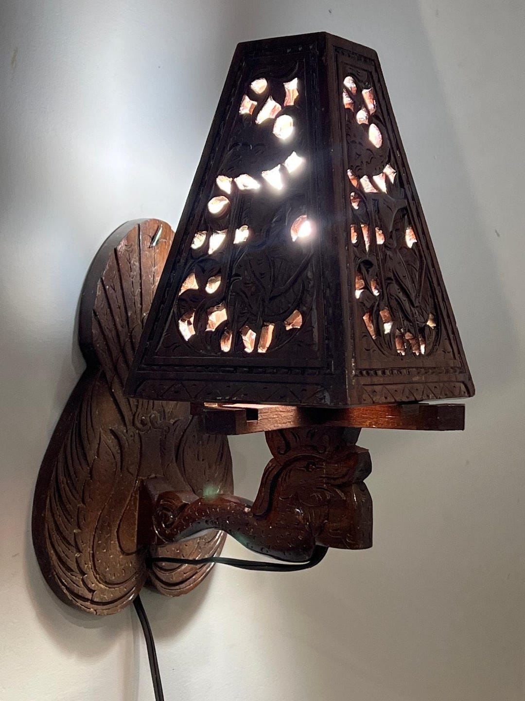 Vintage Carved Wood Wall Lights Sconces Pair Asian Ethnic Intricate ...