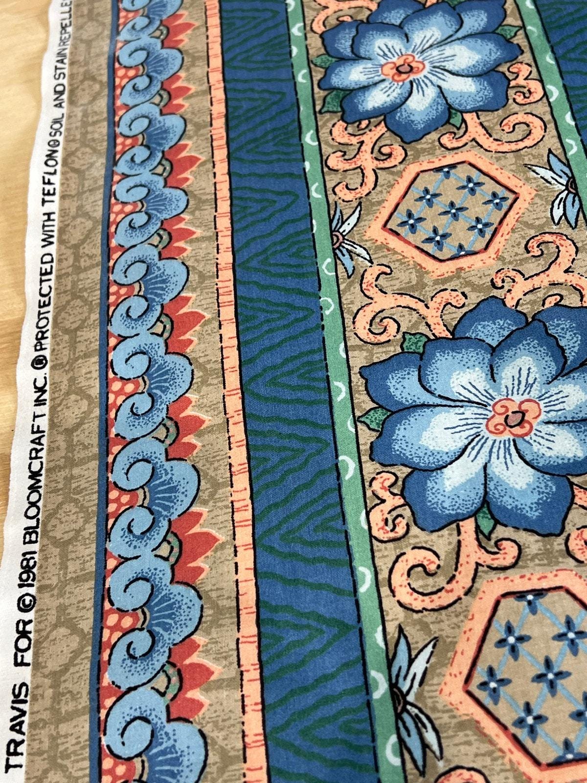 Vtg Bloomcraft Upholstery Fabric 7 Yds Blue Coral Tan Floral Birds ...