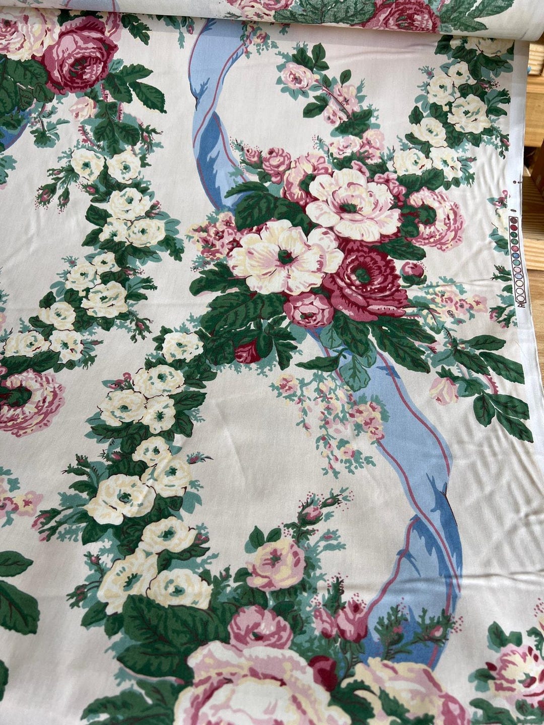 Vintage P Kaufmann Fabric Pink Floral Bouquet Blue Ribbon Upholstery ...